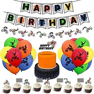 57Pcs Motocross Birthday Party Supplies Dirt Bike Garland Banner Cake Topper Motorcycle Cupcake Toppers Latex Balloons Set for Dirt Bike Extreme Sports Racing Party Boy Birthday