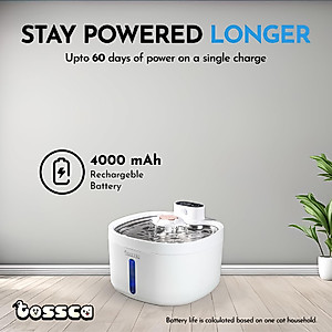 Tossca Wireless Cat Water Fountain | Rechargeable Battery Operated Automatic Dog Water Bowl Dispenser | Sensor Activated Hygienic Stainless Steel Cat Fountain | 5 Bonus Filters (2.6 L)