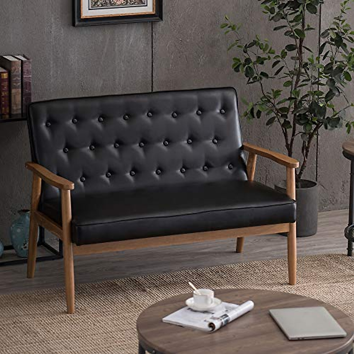 EPOFIT Modern Solid Wood Loveseat Sofa, Upholstered Faux Leather Love Seat, Small Couch 2 Seater with Wooden Arm for Living Room, Bedroom, Small Spaces, Office, Black