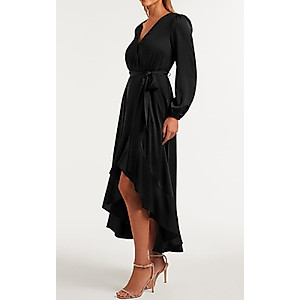 PRETTYGARDEN Women's Satin Fall Dress Semi Formal Satin Long Sleeve Wrap V Neck Ruffle Belted A-Line Flowy Maxi Dresses (Black,Small)
