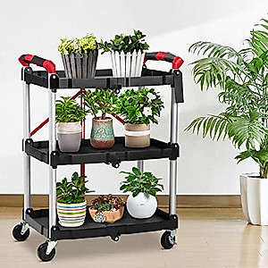 Collapsible Service Cart,3-Tier Portable Cart/Detailing Cart/Utility Carts with 2 Lockable Wheels Use for Home/Commercial/Office/Warehouse,Black, 56 Lb. Load Capacity Per Shelf