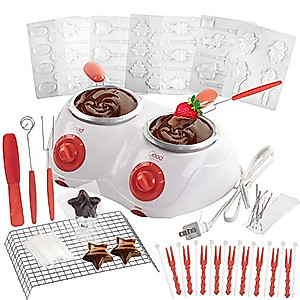 Dual Electric Chocolate Fondu Melting Pot Gift Set - Candy Making or Cheese Fondue Fountain Kit w 30 Free Accessories including Molds, Trays, Forks, and Recipe Book - Great Valentine's Day Gift!
