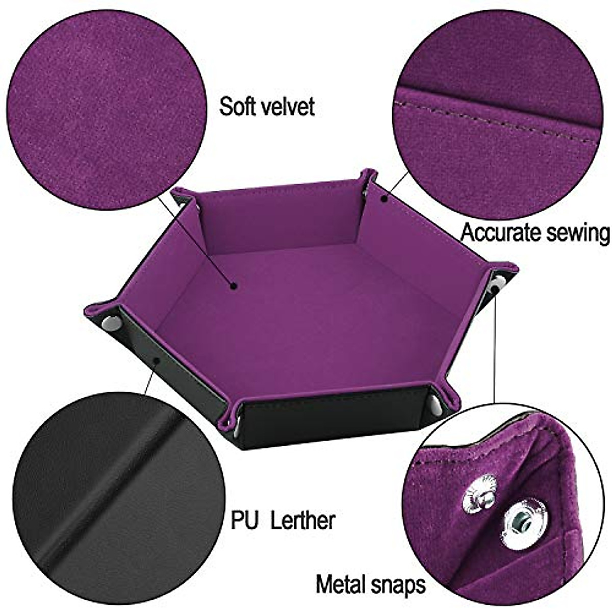 SIQUK Double Sided Dice Tray, Folding Hexagon PU Leather and Velvet Dice Holder for Dungeons and Dragons RPG Dice Gaming D&D and Other Table Games, Dark Violet