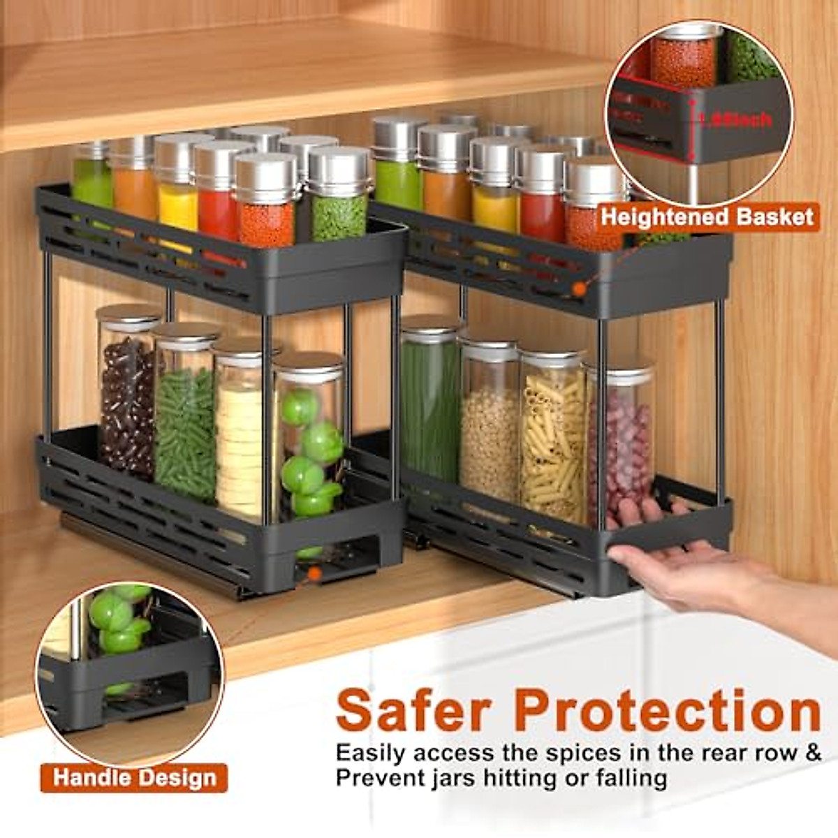 Spice Rack Organizer for Cabinet, 2 Pack Pull Out Spice Rack for Kitchen Inside Cabinets, Vertical Spice Organizer, 2-Tier Spice Cabinet Organizer Slide Out Spice Racks, 4.33''Wx10.43''Dx8.5''H