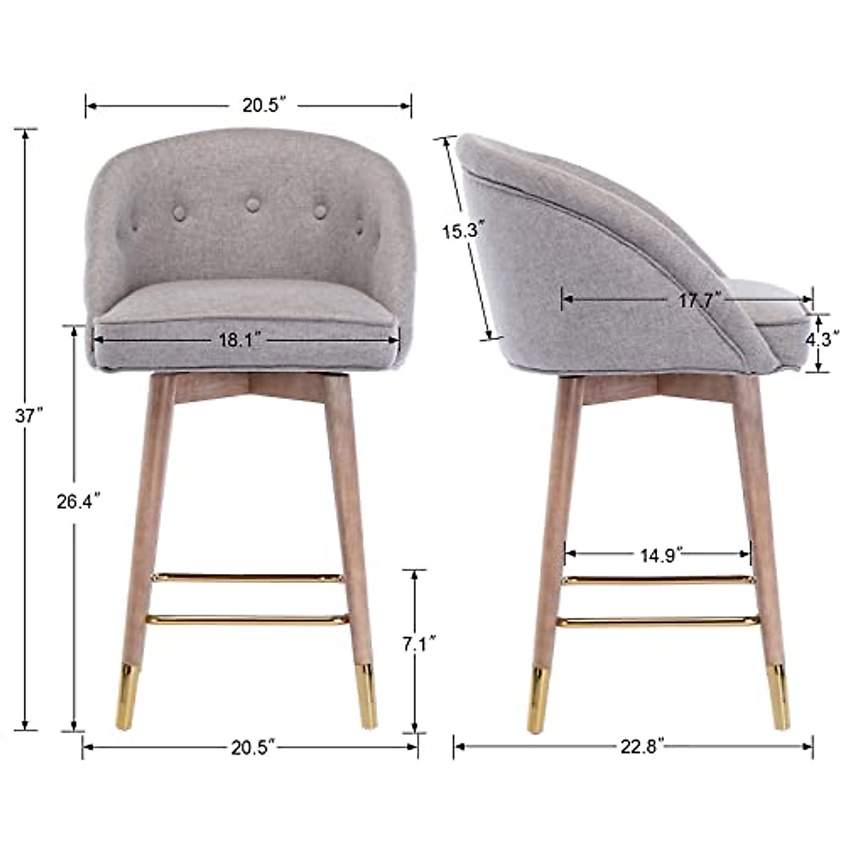 Guyou 360 Degree Swivel Counter Height Bar Stools with Tufted Back Set of 4, Mid-Century Modern Fabric Kitchen Island Chair Stools with Wood Legs and Gold Footrest for Home Bar Dining Room(Grey)