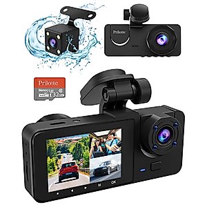 3 Channel Dash Cam Front and Rear Inside, 4K Full HD 170 Deg Wide Angle Dashboard Camera with 32GB SD Card,2.0 inch IPS Screen,Built in IR Night Vision,G-Sensor,Loop Recording,24H Parking Recording
