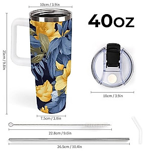LLUTSNTH 40 Oz Vacuum Tumbler with White Handle Leakproof Insulated Tumbler Blue Base Yellow Floral Stainless Steel Travel Mug with Lid And Straw Coffee Cup Cute Water Bottles Cup Holder Friendly
