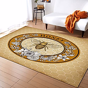 Savannan Area Rug Rectangle Indoor Runner Rug, Vintage Circle Flowers and Bee on Honeycomb Background Non-Skid Floor Carpet for Bedroom, Play Room, Porch, Living Room, 2'x3'