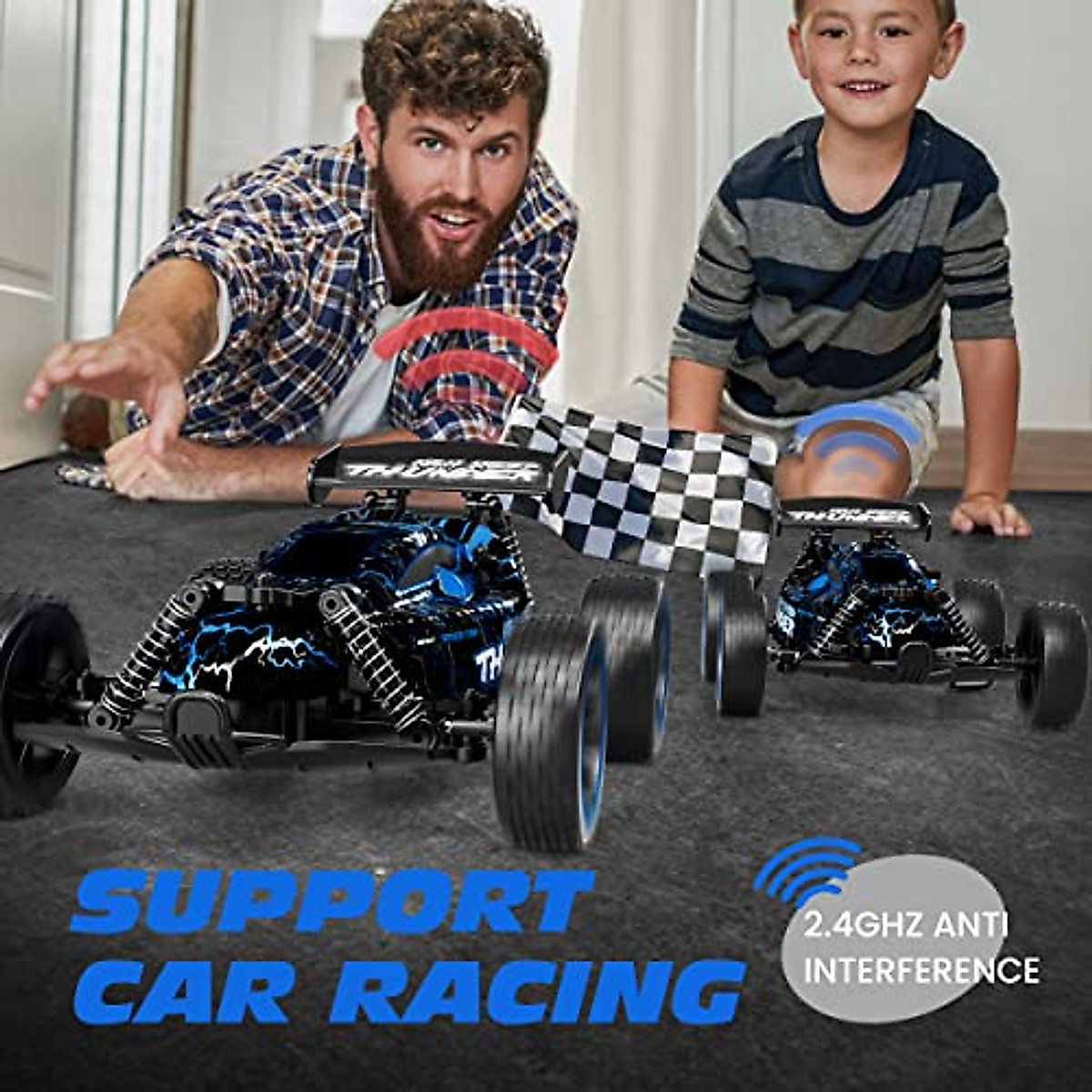 Tecnock RC Racing Car, 2.4Ghz High Speed Remote Control Car, 1:18 2WD Toy Cars Buggy for Boys & Girls with Two Rechargeable Batteries for Car, Gift for Kids(Blue&Light)