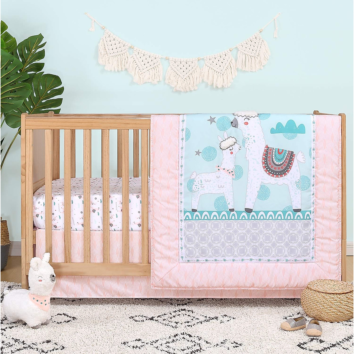 The Peanutshell Llama Love Crib Bedding Set for Baby Girls | 4 Piece Nursery Set | Baby Quilt, Crib Sheet, Dust Ruffle with Plush Llama Toy