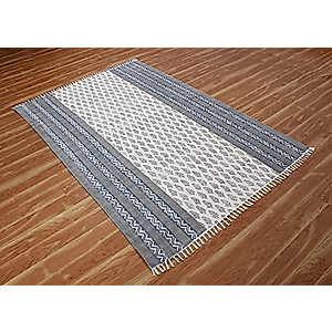 Casavani Hand Block Printed Cotton Dhurrie Striped Tassel Rug Boho Area Rug Easy Care Washable Rugs for Doormat Entryway Living Room Bedroom Hallway Balcony 6x6 Feet Square