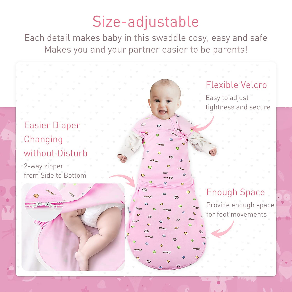 Knirose 3-Way Adjustable Wearable Swaddle Blanket Sleep Sack, Easy Diaper Changing Transition Sleeping Bag Swaddles with Bottom Zipper, Infant Wrap Blankets for Newborn Baby Boys Girls, 100% Cotton