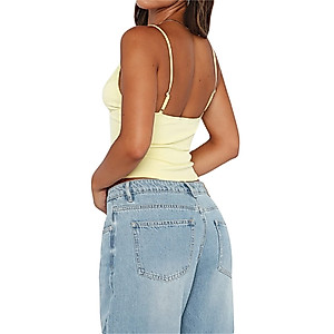 Women Sexy Low Cut Tank Top Ruched Bandage Camisloe Side Split Mini Y2k Tops Cropped Bustier Vest Going Out Yellow