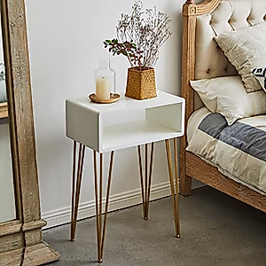 COZAYH Modern Contemporary Nightstand Set of 2, Extreme Minimalism End Table Open Shelf Style Bedside Table on Metal Hairpin Legs (White&Gold)