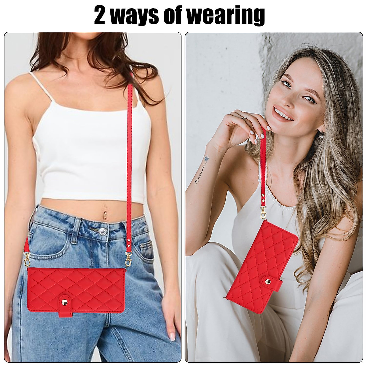 FHZXHY Wallet Case for Samsung Galaxy Z Fold 5 5G with Pen Slot Crossbody Strap Wrist Handbag Leather Button Purse Card Slots Holder Phone Case Galaxy Z Fold 5 Case for Women Girls-red