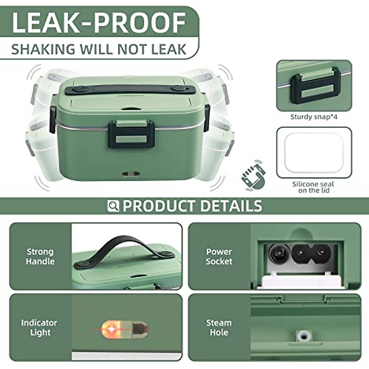 75W Electric Lunch Box Food Heater, 1.8L Large Capacity Heated Lunch Boxes for Adults/Work/Car/Office, 3 in 1 12V/24V/110V Food Warmer Lunch Box with Fork/Spoon and Insulated Carry Bag (Dark Green)