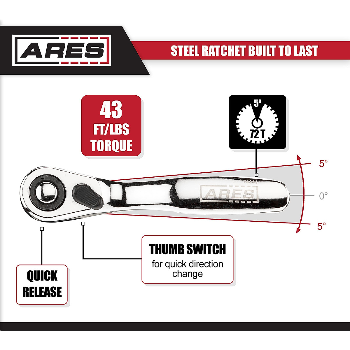 ARES 70041-1/4-Inch Drive High Torque Offset Quick Release Micro Ratchet - 72-Tooth Gearhead with 5 Degree Sweep