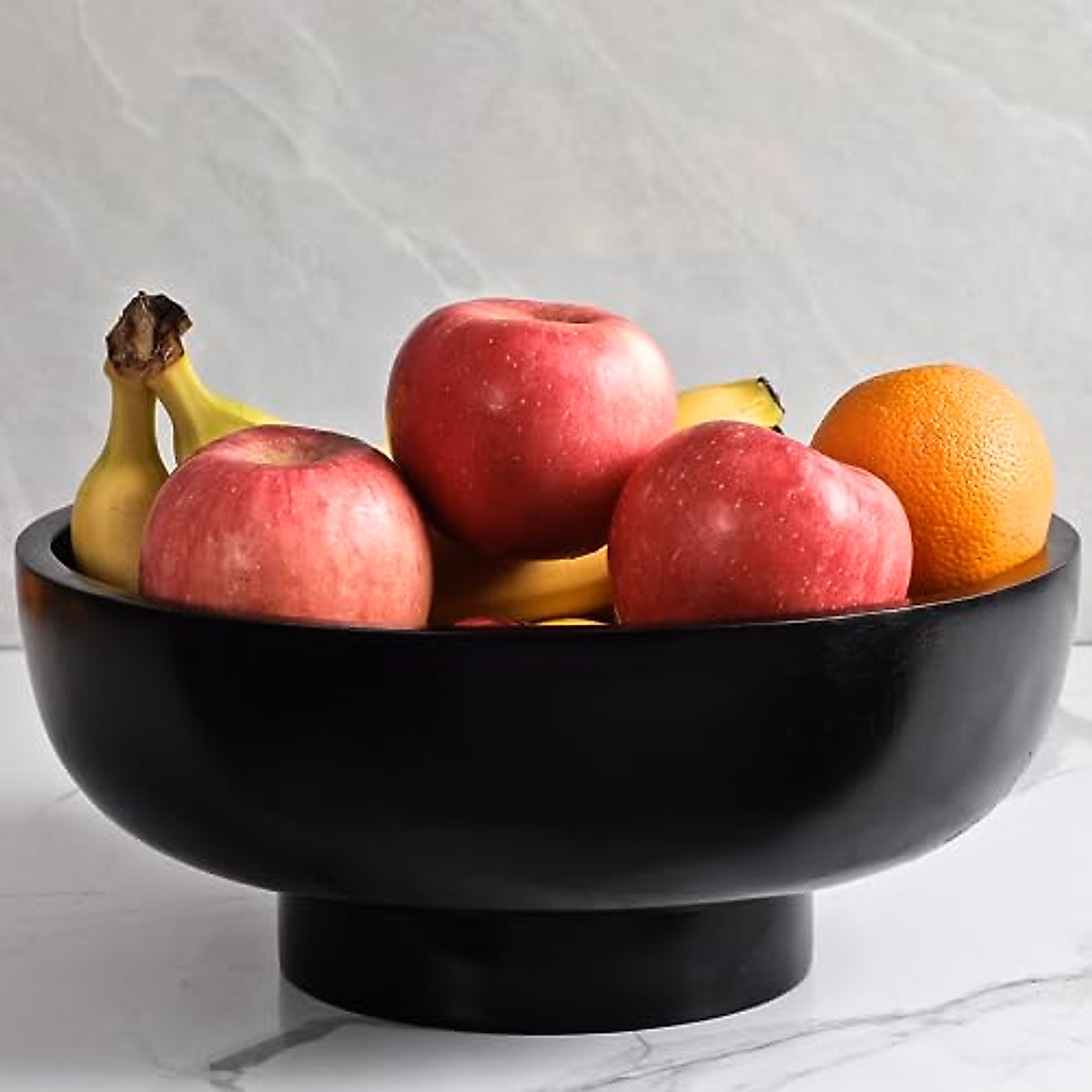 IVE Design Black Wood Fruit Bowl for Kitchen Counter, 12-inch Diameter Large Wooden Fruit Bowl, Natural Rubber Wood, Black Decorative Bowl Fruit Holder