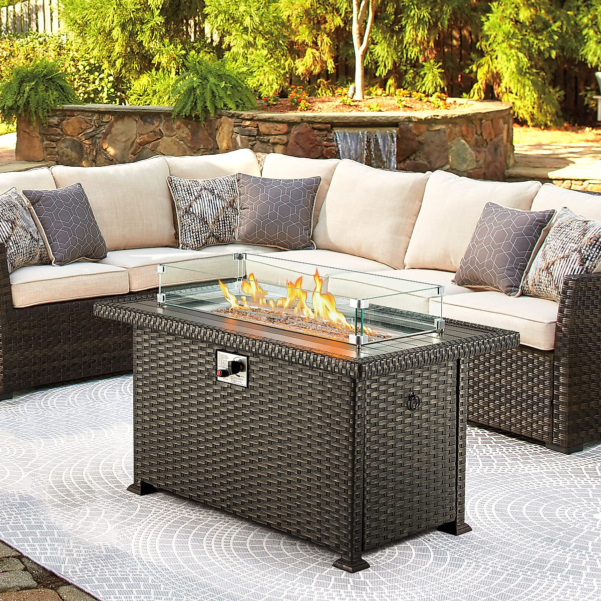 Vicluke Aluminum Fire Pit Table, Propane Fire Pit Table for Outside, 44in 50,000 BTU Auto-Ignition Gas Fire Table w/CSA Certification, Hand-Painted Table Top, Wind Guard, Cover, Glass Beads (Brown)