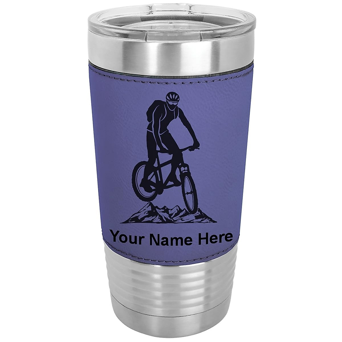 LaserGram 20oz Vacuum Insulated Tumbler Mug, Mountain Bike, Personalized Engraving Included (Faux Leather, Dark Purple)