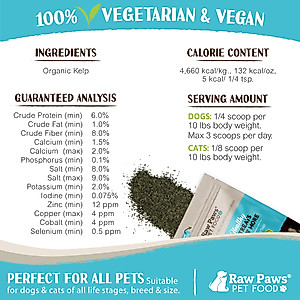 Raw Paws Organic Kelp for Dogs & Cats, 8-oz - Iodine Rich for Thyroid, Digestive & Immune Health - Seaweed Powder for Dogs, Sea Kelp for Cats, Kelp Supplement for Dogs, Dried Kelp Powder for Dogs