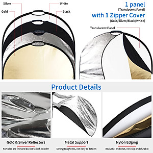 FOTOCREAT Portable 5-in-1 Oval 60”X80”/150X200cm Reflector Translucent Professional Collapsible Multi-Disc Light Reflector with Handles Silver, Black, Gold, White Surface for Photography Photo Studio