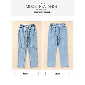 Sidefeel Women's Jeans Cargo Pants High Waisted Ripped Denim Joggers Pull On Elastic Drawstring Waist Trousers Blue Size 4