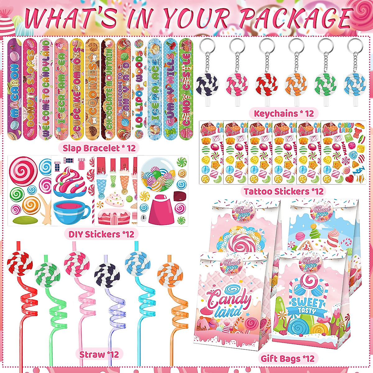 Erweicet Candyland Party Favors Sweet Lollipops Slap Bracelets DIY Stickers Temporary Tattoos Keychains Plastic Straws Gift Bags for Kids Girls Sweet Candy Theme Birthday Party Baby Shower