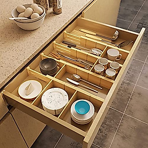 SAUStrongBe Adjustable Bamboo drawer dividers with 4 dividers，6 inserts, Spring Loaded adjustable drawer organizer, Expandable Organization for Home, Office, Dressers and Bathroom (17- 22 in)