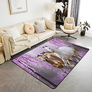 Horse Area Rug 3x5 Galloping Horse Rugs Mat for Living Room Bedroom Cherry Blossoms Decor Carpet Non Slip Area Runner Rug