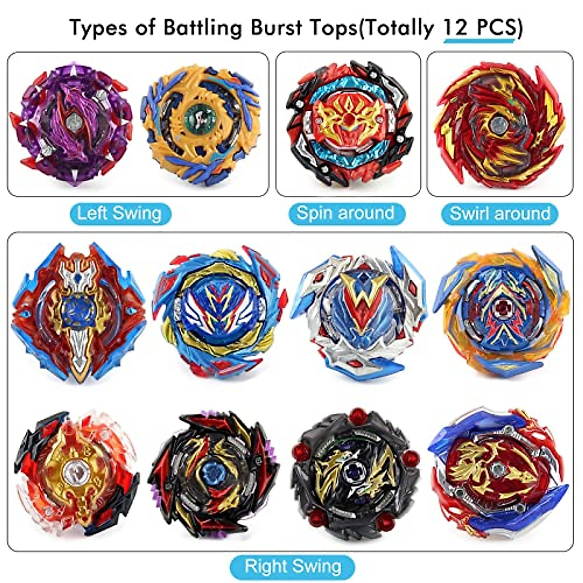 BeyBtatle Burst Gyro Toy Set 12 Spinning Tops 1x Launcher LR Left Right Spin DB Layer System and 1 Two-Way Transmitter Metal Fusion Attack Top Battling Game with Portable Box Gift for Ages 6+