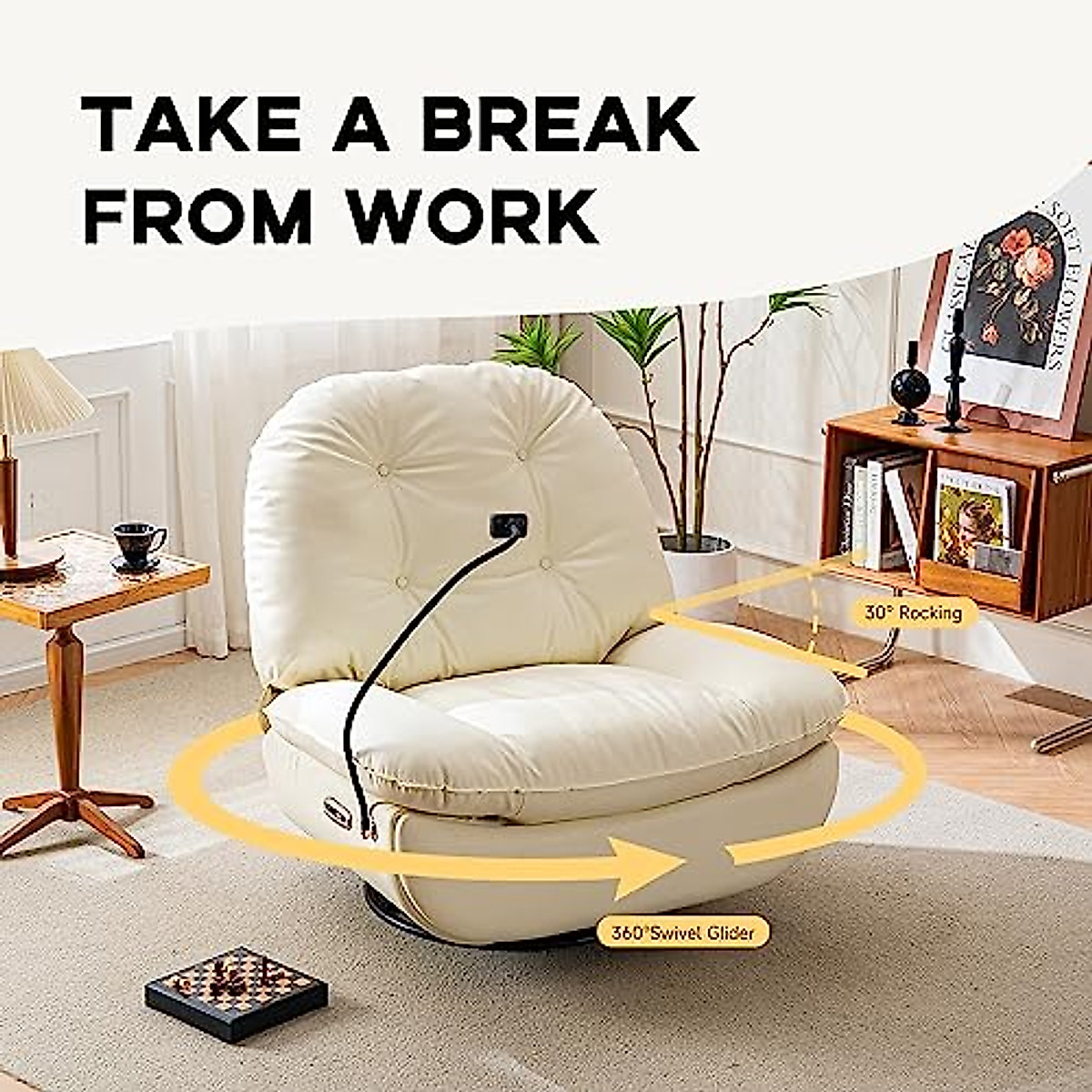 Electric Power Recliner Chair 360° Swivel Upholstered High-Density Sponge Sofa Glider Comfy Rocking Chair with USB Ports, Phone Holder, Leather Home Theater Seating with Hidden Arm Storage (White)