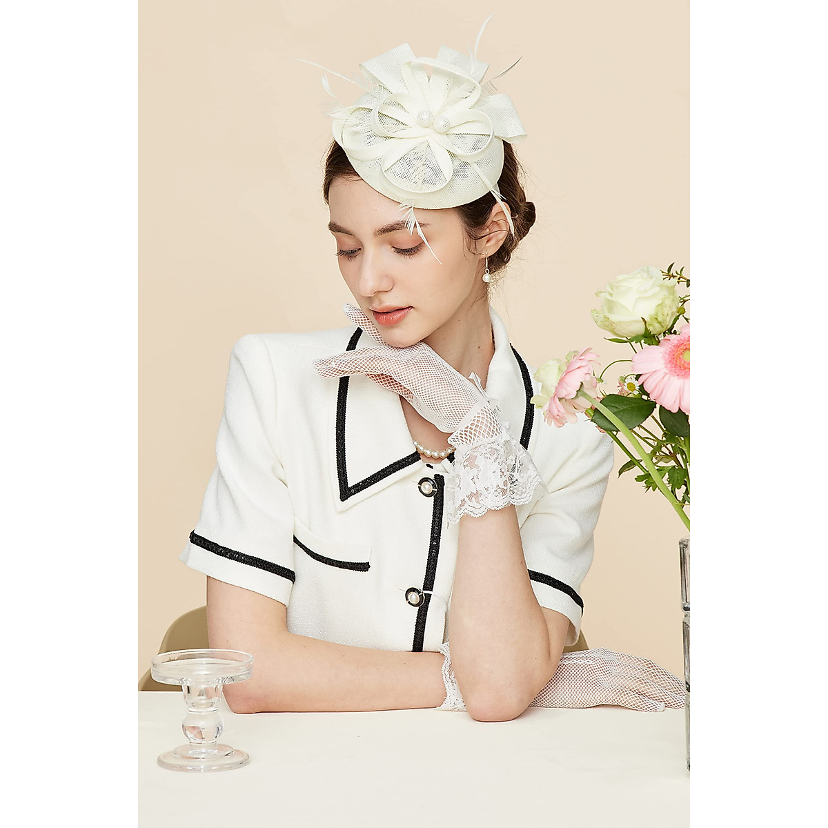 Gionforsy Pillbox Fascinator Veil Feather Derby Hat Lace Gloves Pearl Necklace