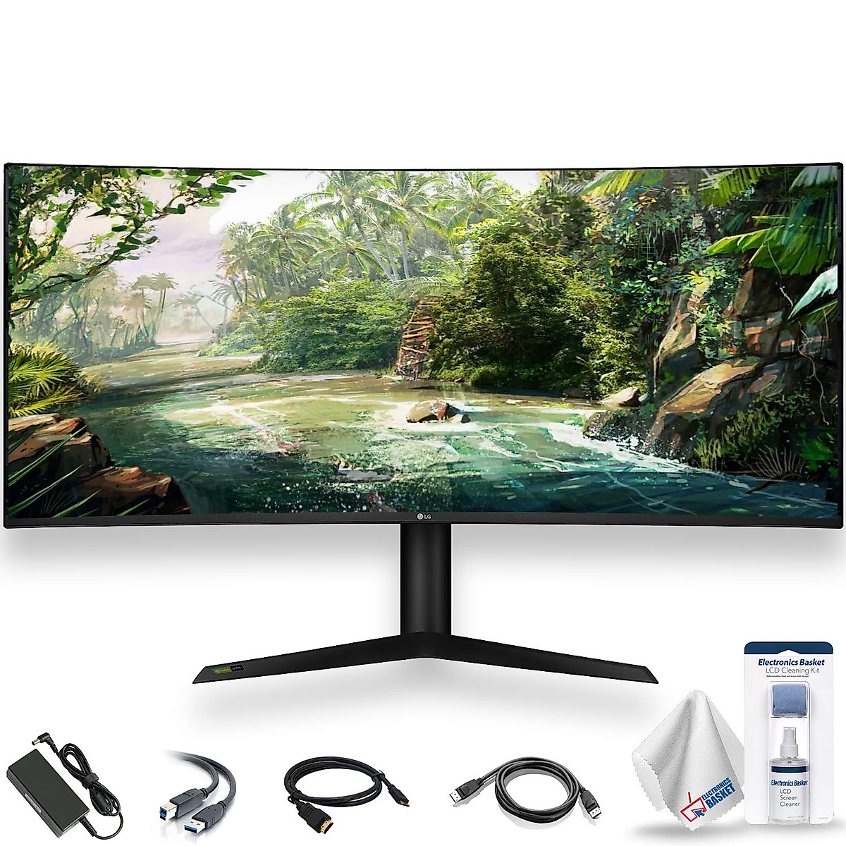 LG Ultragear 38GL950G-B 38 Inch 21:9 Curved 144 Hz G-SYNC IPS Gaming Monitor with HDMI, Display Port Cables, LCD Cleaning Kit, and Electronics Basket Microfiber Cloth - Base Bundle