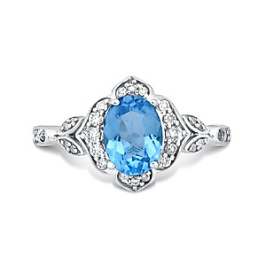 Jewelili Enchanted Disney Fine Jewelry Sterling Silver 1/5 Cttw Diamond and Swiss Blue Topaz Jasmine Ring Size 7