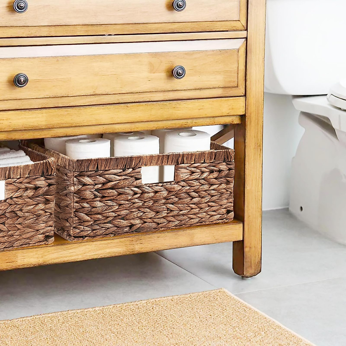 LGENHOOM Large Wicker Storage Basket, Woven Basket with Built-in Handles, Water Hyacinth Basket Storage, Rectangular Organizer Basket, Natural Wicker Baskets (Brown Water Hyacinth 16.5 x 12.6 x 6.7)