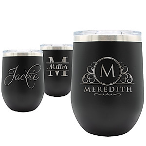The Wedding Party Store Personalized 12 oz Insulated Stemless Wine Tumbler - Custom Engraved and Monogrammed (Black)