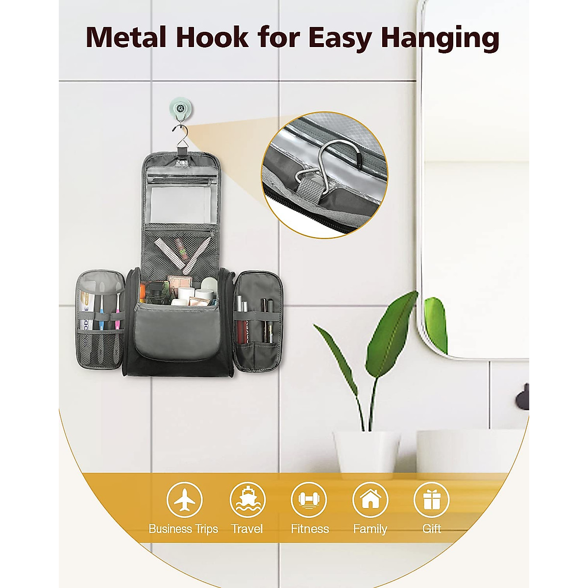 MULISOFT Toiletry Bag for Women and Men, Water-resistant Travel Makeup Bag with Hanging Hook, Compact Travel Toiletry Organizer Bag, Makeup Organizer Bag for Cosmetics, Dopp Kit Shaving Bag, Black