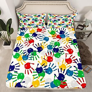 Abstract Art Bed Sheet Set Full Size Handprint Fitted Sheet for Kids Boys Girls Decor Tie Dye Bedding Set Microfiber Colorful Bed Cover Bedroom