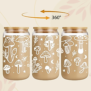GSPY Mushroom Cup, Mushroom Gifts, 16oz Glass Coffee Cups with Lids and Straws - Cute Mushroom Stuff, Cute Mugs Aesthetic, Mushroom Mug Tumbler - Drinking Glasses, Mothers Day Gifts for Women