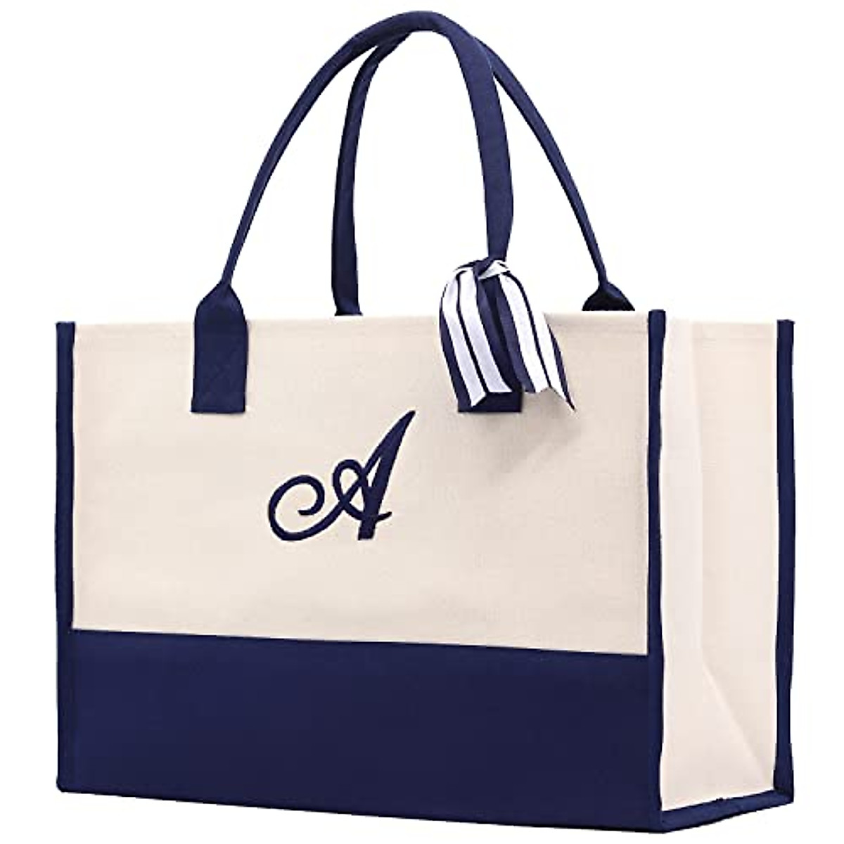 VANESSA ROSELLA Monogram Tote Bag with 100% Cotton Canvas and a Chic Personalized Monogram (Navy Script Letter - A)