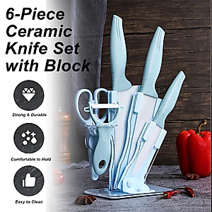 Kitchen Ceramic Knife, 6 Pieces Blue Ceramic Knife Set for Kitchen With Block, Rust Proof & Stain Resistant, Ultra Sharp Cooking Knife Set with Ceramic Peeler & Scissors for Home Restaurant (Blue)