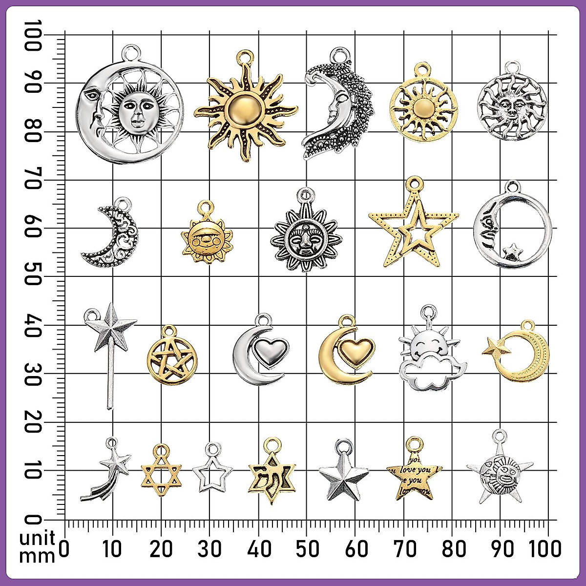 160 Pcs Bracelet Charms, Mixed Antique Sun Star Moon Charm Pendant Plated Celestial Charm for Jewelry Making (Silver, Gold, Blue, Purple)