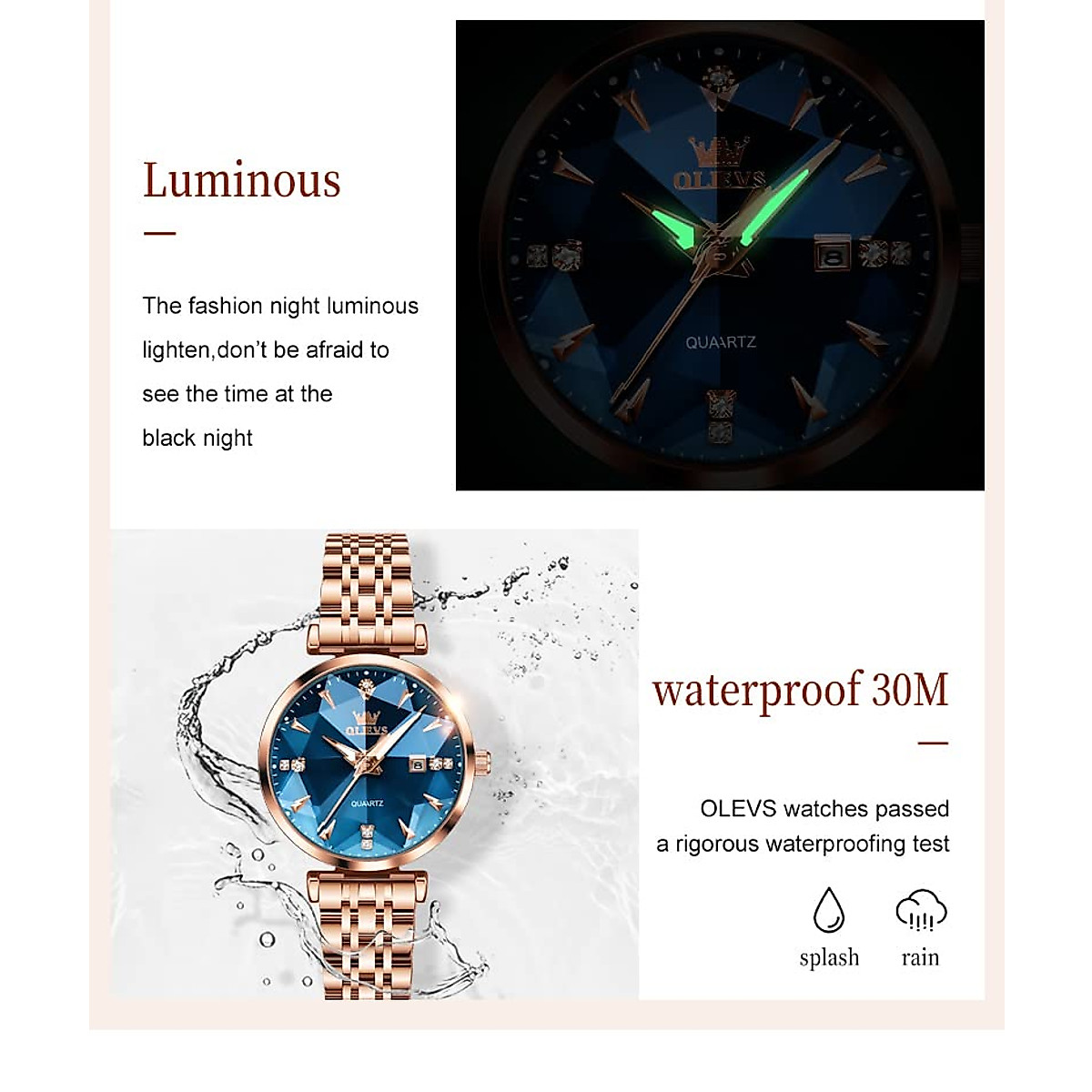 OLEVS Women Watch Fashion Rose Gold Diamond Analog Quartz Female Watch for Women Luxury Dress Ladies Stainless Steel Luminous Waterproof Date Wrist Watch Blue