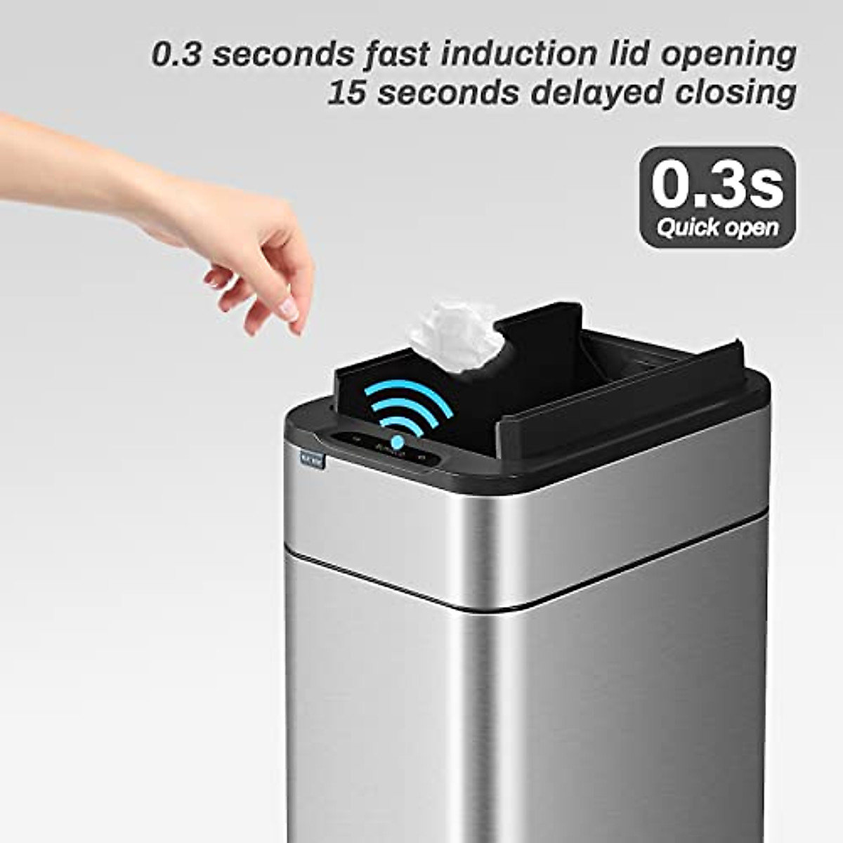 Kitchen Trash Can - ELPHECO - 40 Liter / 10.6 Gallon Automatic Trash Can with Butterfly Lid, Brushed Stainless Steel Finish, Motion Sensor Garbage Can for Kitchen, Office, Living Room, Outside, 6 AAA Batteries (Excluded)