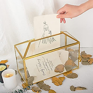 REDHUGO 12.6x5.9x9 inches Large Glass Card Box Handmade with Slot and Lock, Wedding Card Boxes for Reception, Graduation, Gift Cards, Party, Brass Geometric Terrarium, Golden Decorative Box