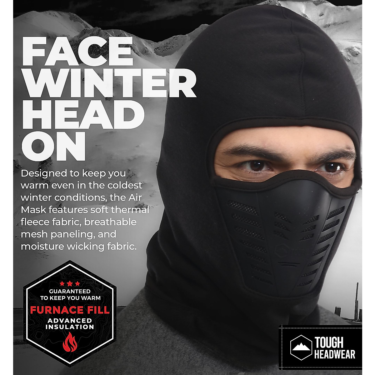 Tough Headwear Balaclava Ski Mask - Thermal Face Mask for Cold Weather with Breathable Air Vents - Winter Full Face Mask for Men & Women Black