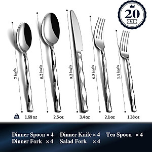 KINGSTONE Silverware Set, Luxury 20 Piece Flatware Set for 4, 18/10 Stainless Steel Cutlery Set with Diamond Cut Pattern for Kitchen, Home, Wedding, Party, Mirror Polished and Dishwasher Safe