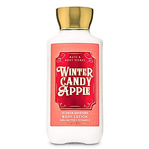 Bath and Body Work Winter Candy Apple Candle Gift Set, 3 Wick and Single Wick Candles, Full Size Body lotion, Shower Gel with Gingham Gift Bag and Tissue