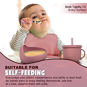Silicone Baby Feeding Set 14 Pcs -Baby Lid Weaning Supplies including Divided Plate with Lid, Cup, Adjustable Bib, Toddler Spoons and Forks, Perfect for Self-Feeding with Fruit Feeder (PINK)